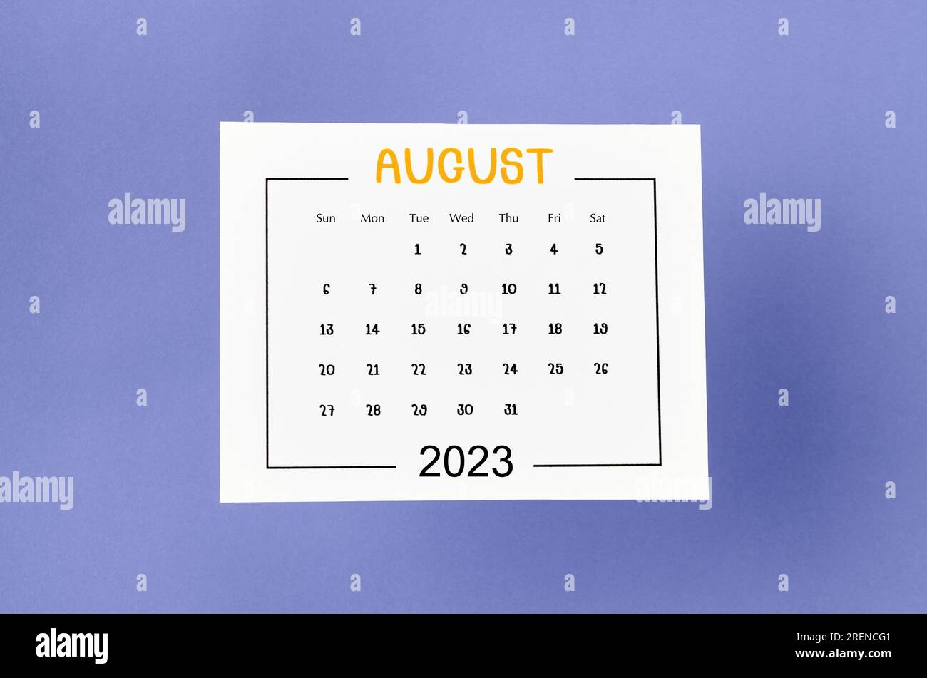 August 2023 Monthly calendar for 2023 year on purple background Stock ...