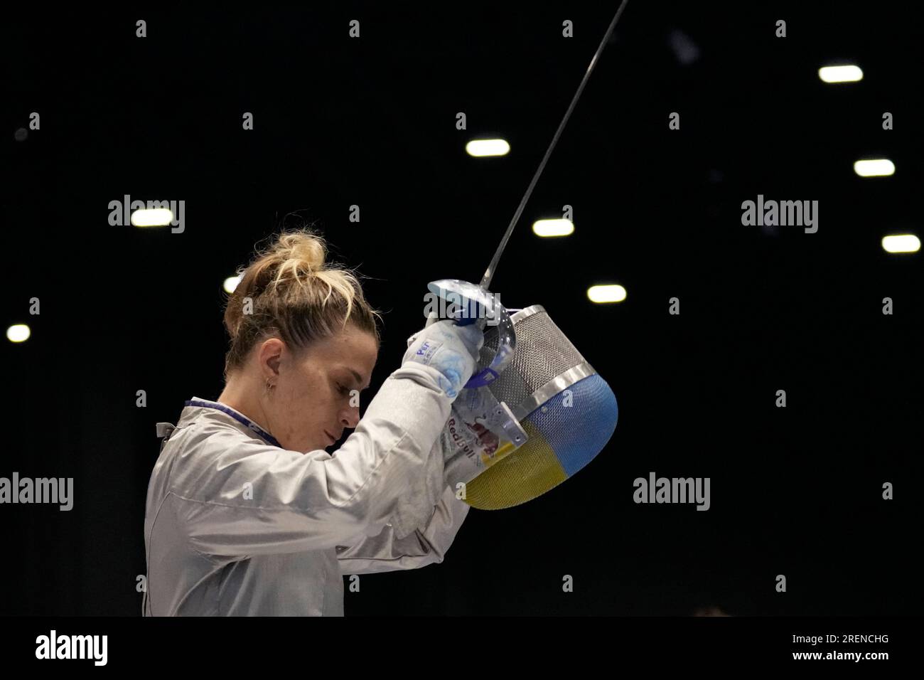 Ukraine's Olga Kharlan wears her fencing mask during the women's Team ...