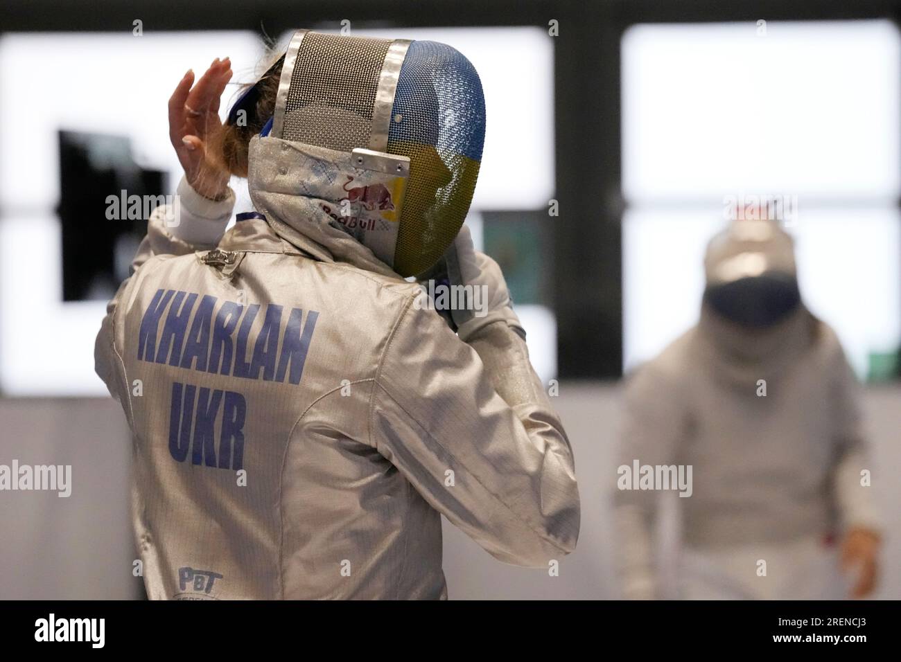 Ukraine's Olga Kharlan adjusts her fencing mask during the women's Team ...