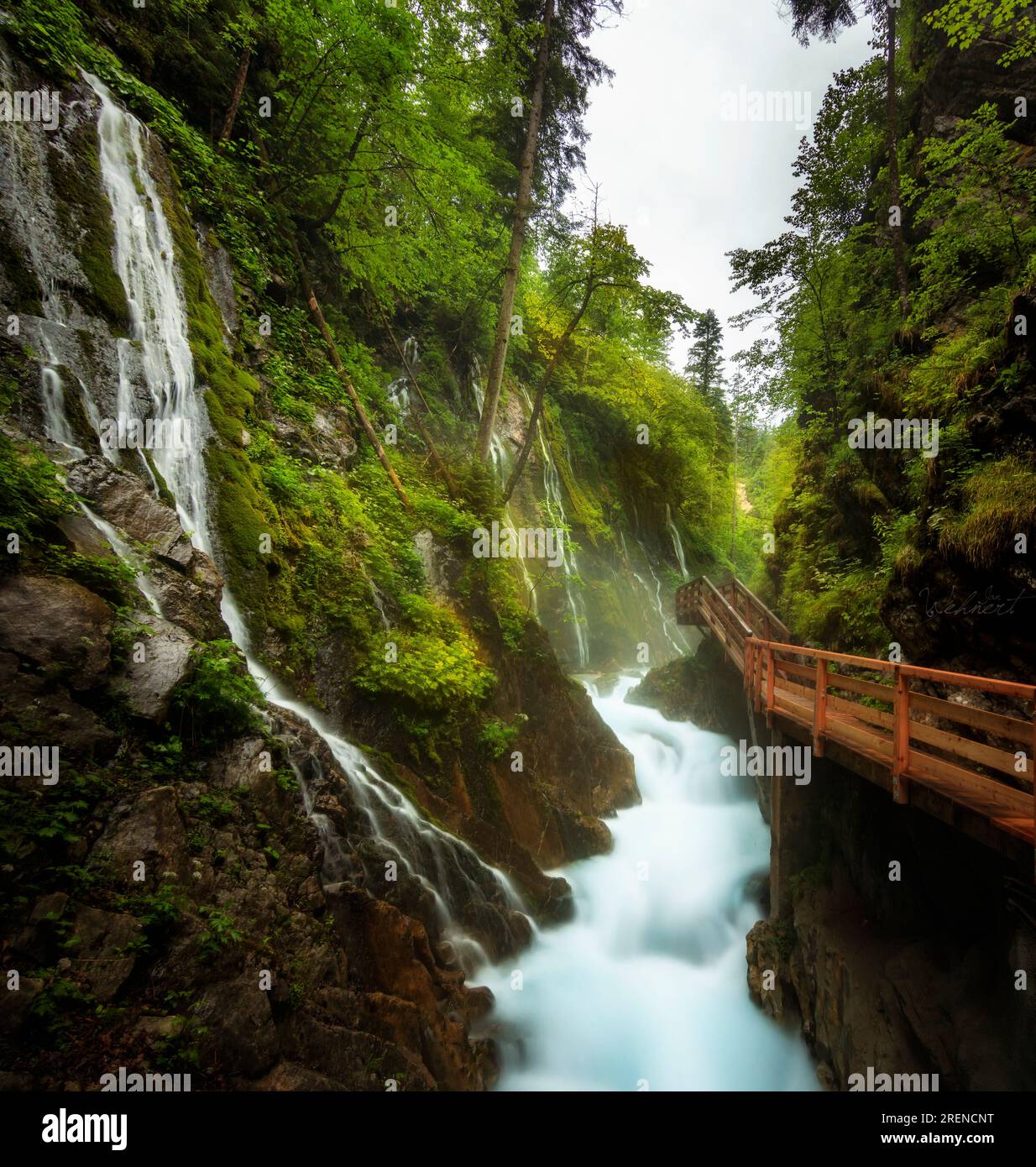 The Wimmbach gorge in Bavaria Germany. cliff canion with river and many ...