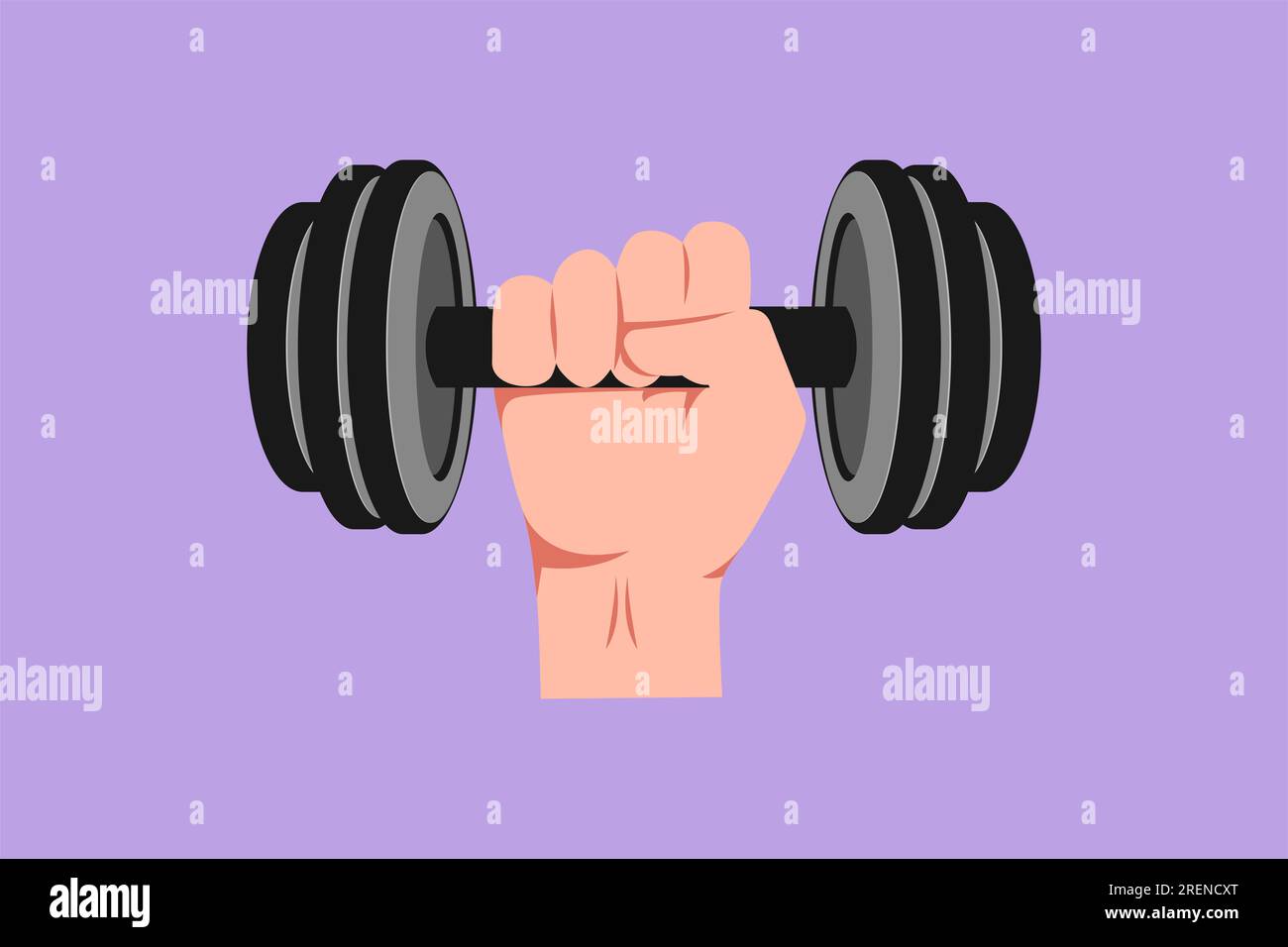 Cartoon flat style drawing of strong hand lifting up steel dumbbell ...