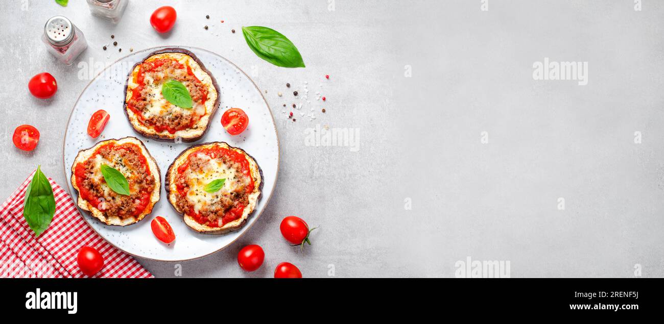 Eggplant Pizza with Tomato Sauce, Minced Meat, Mozzarella and Basil ...