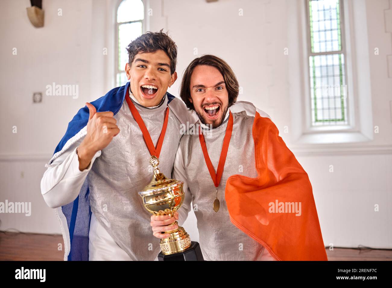 Flag, fencing and portrait of men with trophy for winning competition ...