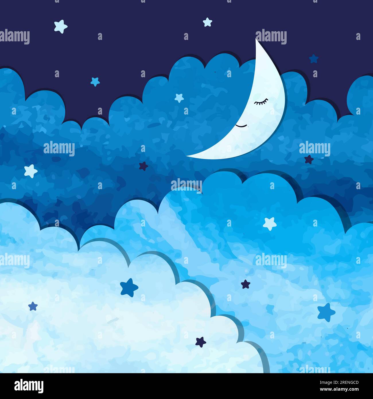 Vector watercolor illustration of night sky with stars, clouds and moon ...