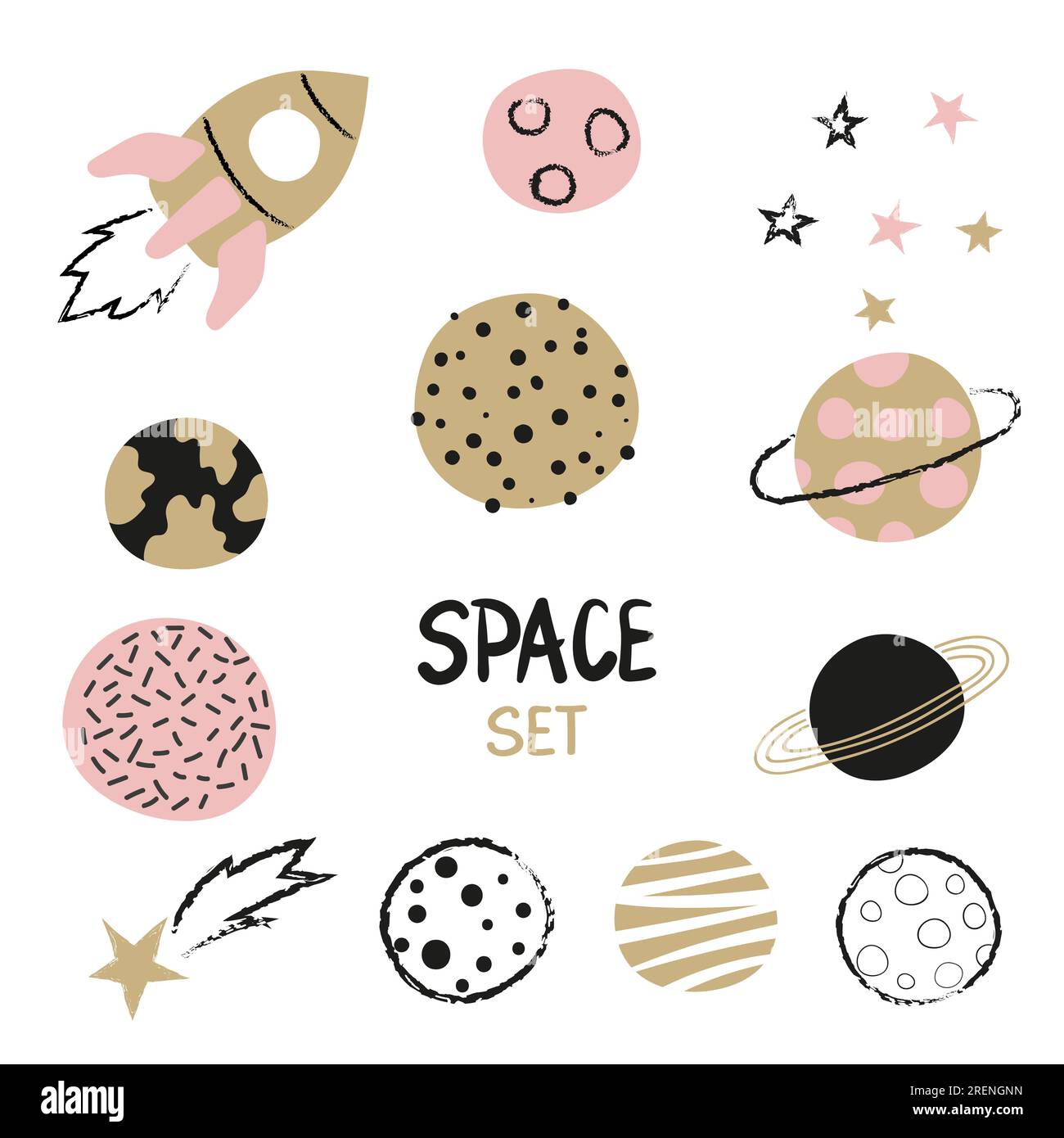 Set of hand drawn space element - rocket, planets and stars isoleated ...