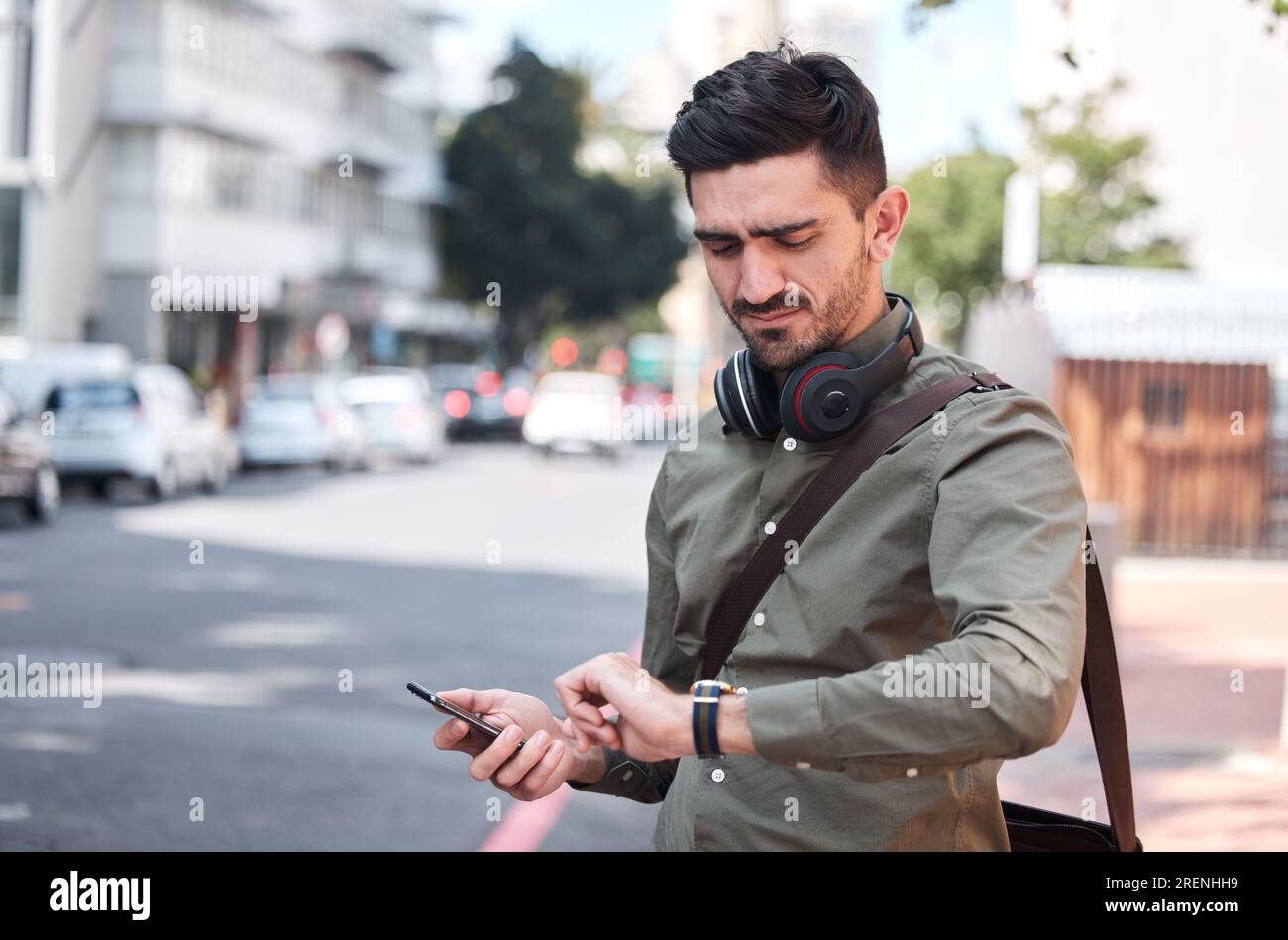 Business man, check watch and street with thinking, travel and waiting for transportation in ...