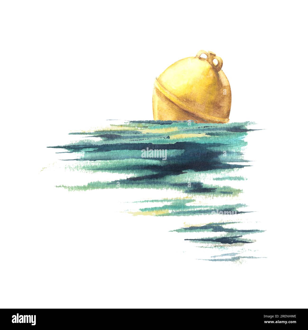Yellow buoy at the sea Watercolor illustration. Hand painted isolated white background. Maritime ...