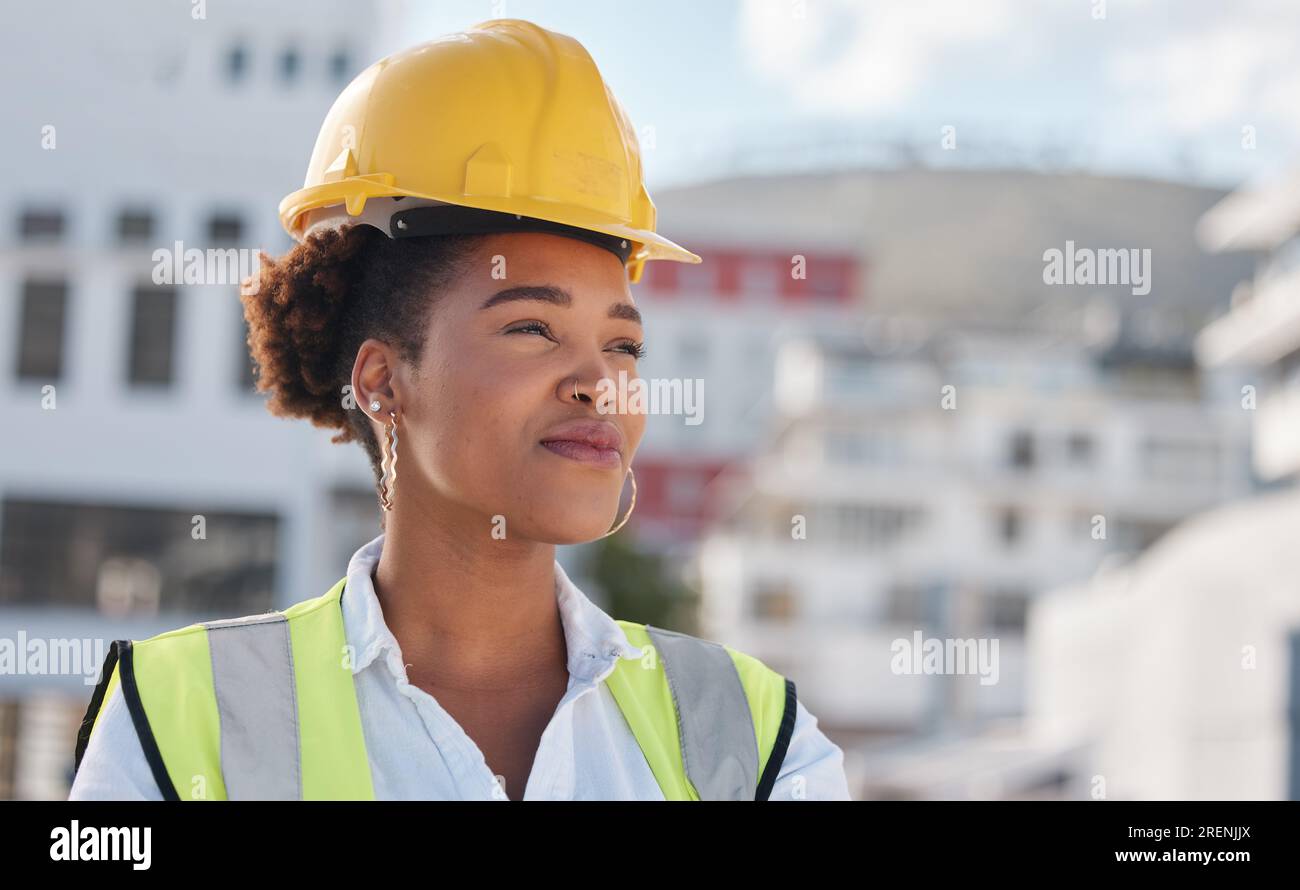 Thinking, engineer and woman in a city, ideas and development with ...