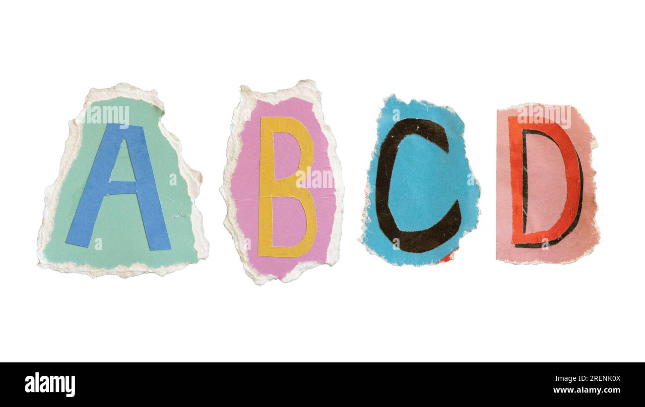 A, B, C and D alphabets on torn colorful paper . Ransom note style ...