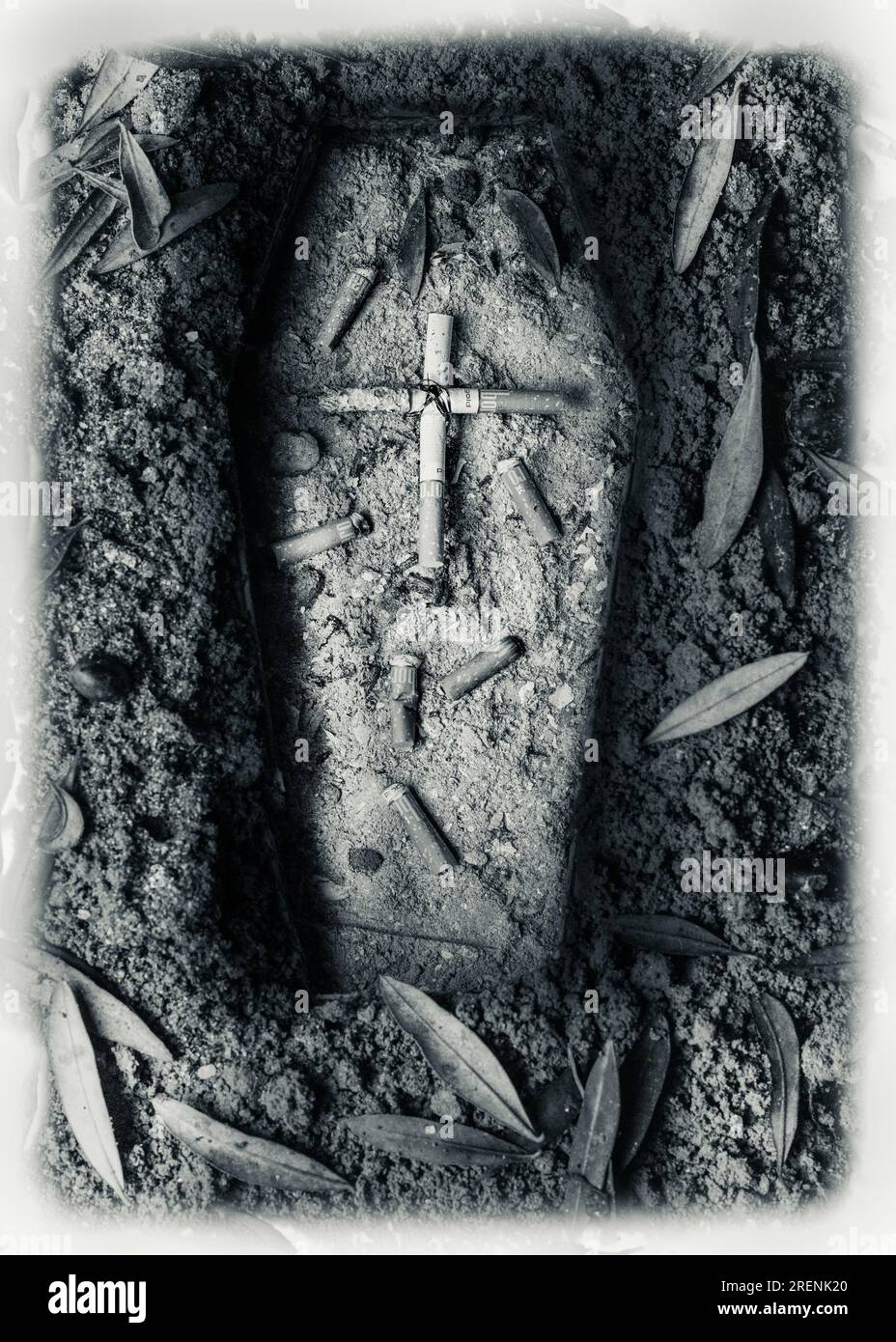 Image representing Cigarettes and Death. Shape coffin on the ground ...