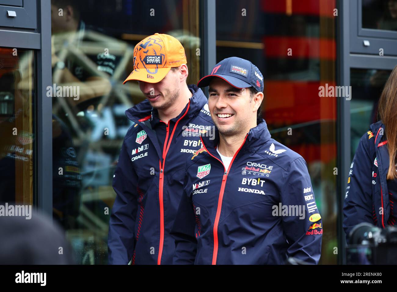 Spa Francorchamps, Belgium. 29th July, 2023. Sergio Perez (MEX) Red Bull Racing and team mate ...