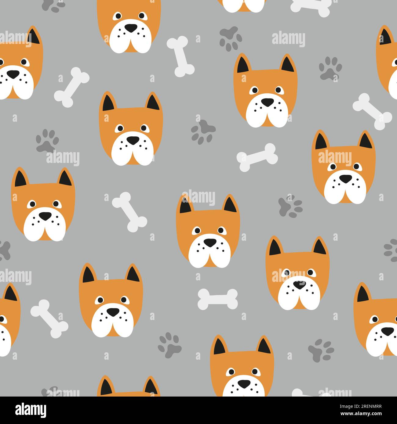 Seamless cute dog pattern. Vector background with bulldogs, paws and ...