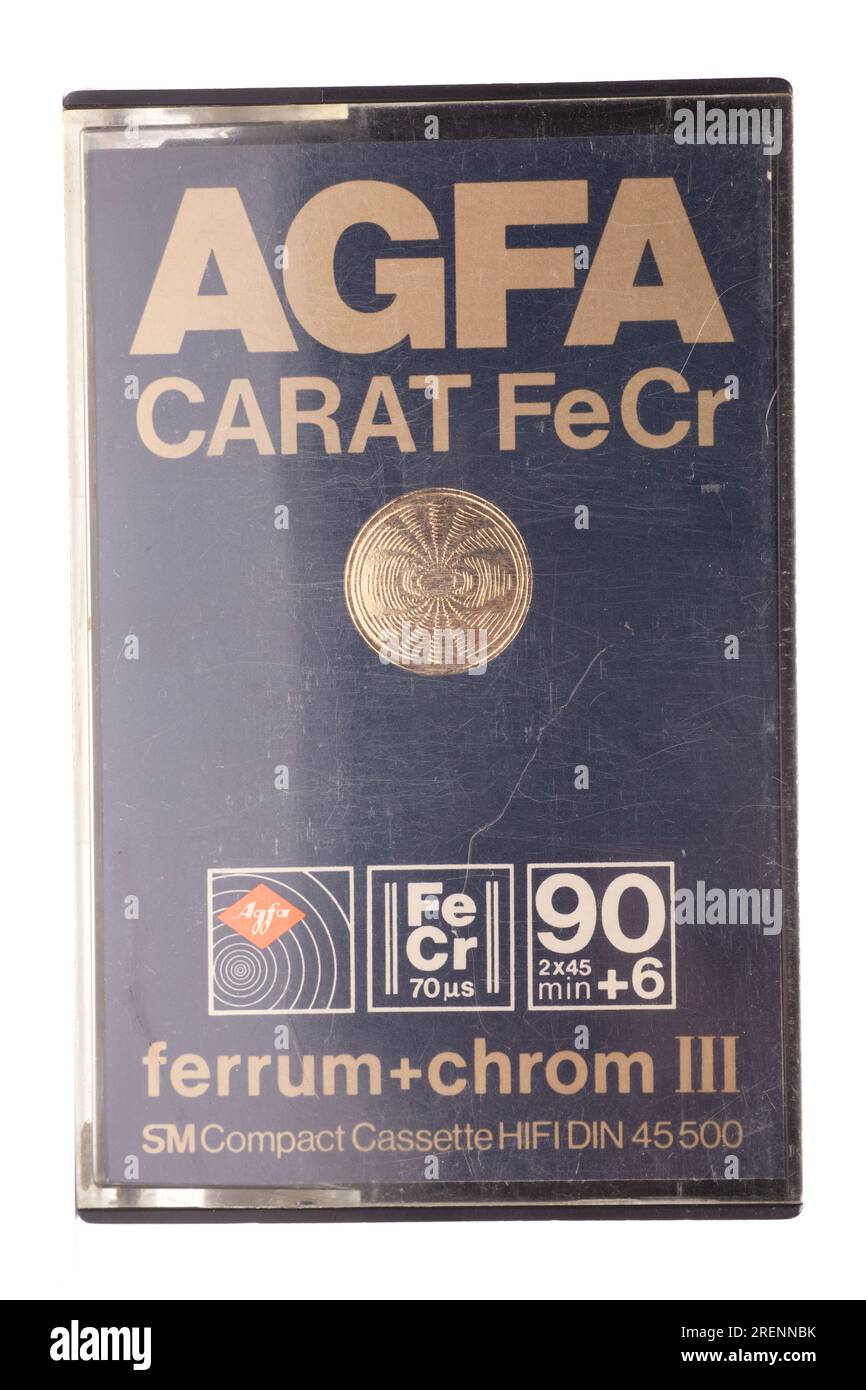 Moscow, Russia, July 27, 2023: Audio tape cassette case AGFA CARAT FeCr ...