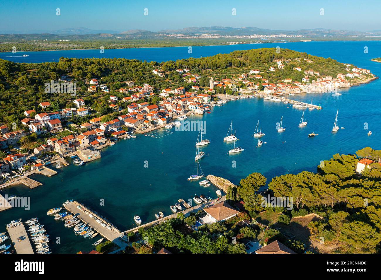 Aerial view of Prvic Luka town on Prvic Island, the Adriatic Sea in ...