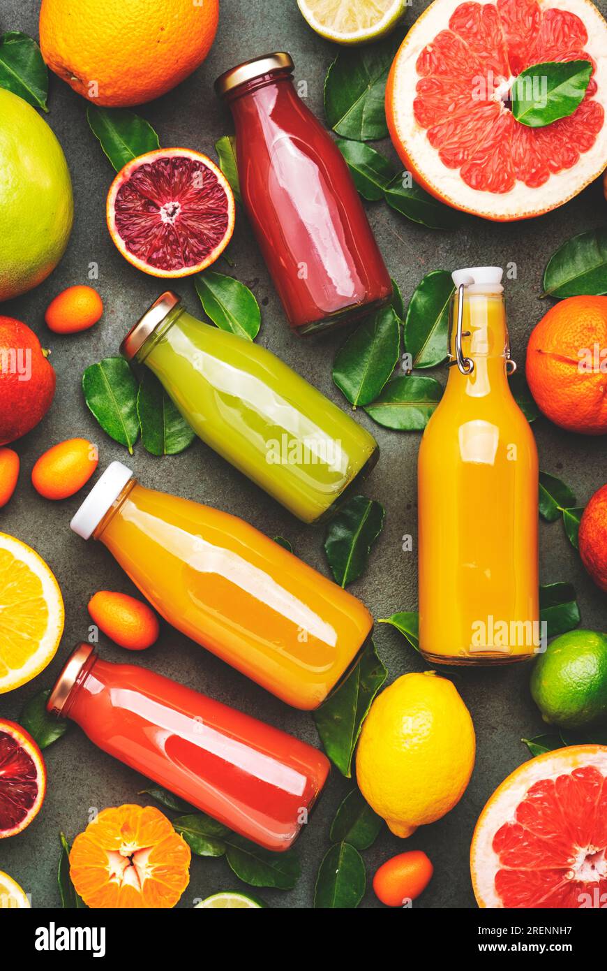 Summer fruit drinks. Citrus juices and smoothies in bottles, food ...