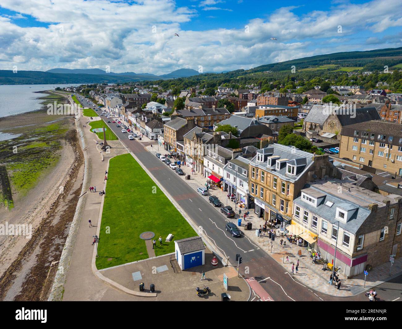 Aerial view from drone of waterfront promenade at Helensburgh, Argyll ...