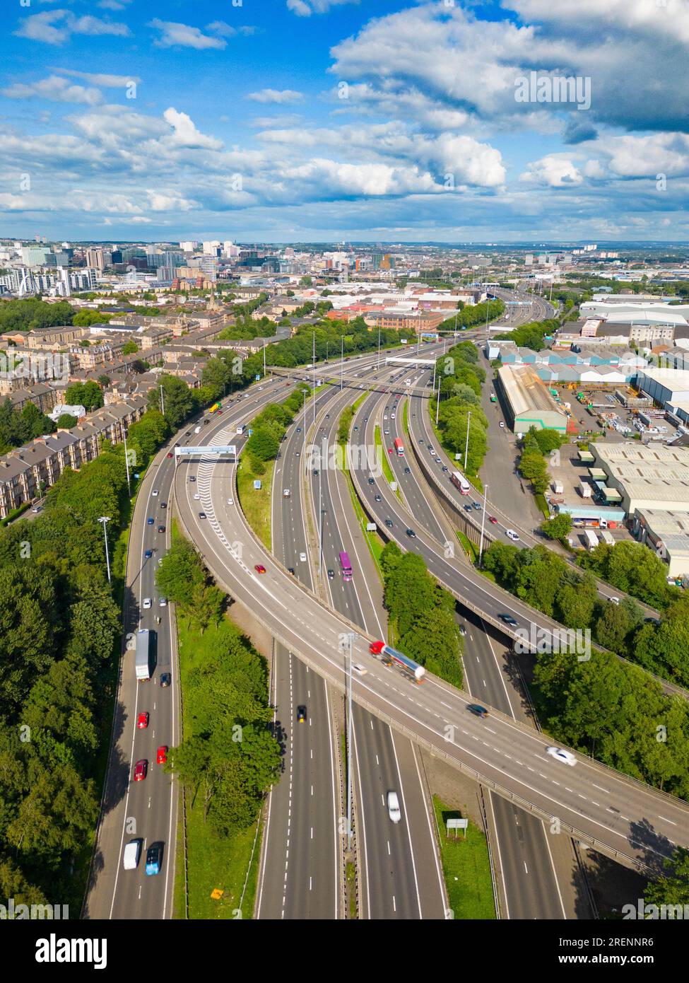 Aerial view from drone of interchange on M8 Motorway in Glasgow ...