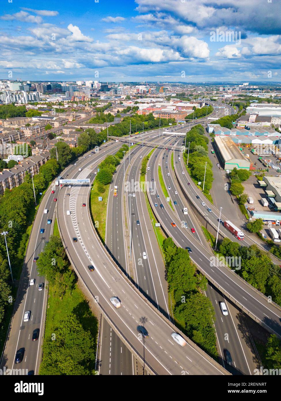 Aerial view from drone of interchange on M8 Motorway in Glasgow ...