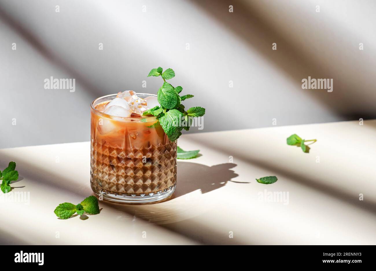 Mint White Russian cocktail drink with vodka, coffee liqueur, mint ...