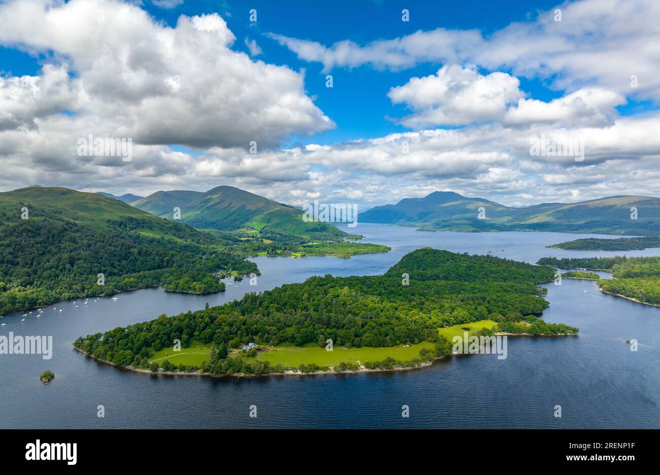 Aerial view form drone of Loch Lomond and Inchtavannach Island, Argyll ...