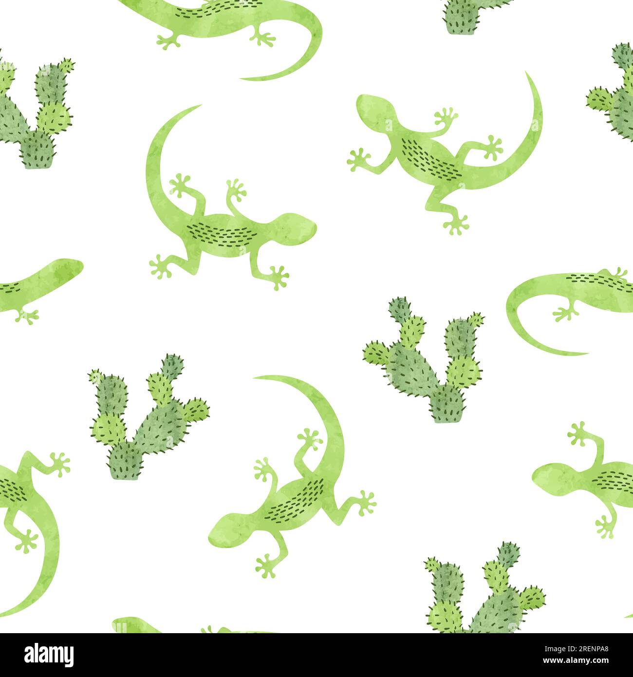 Vector seamless pattern with green watercolor lizard and cactus Stock ...