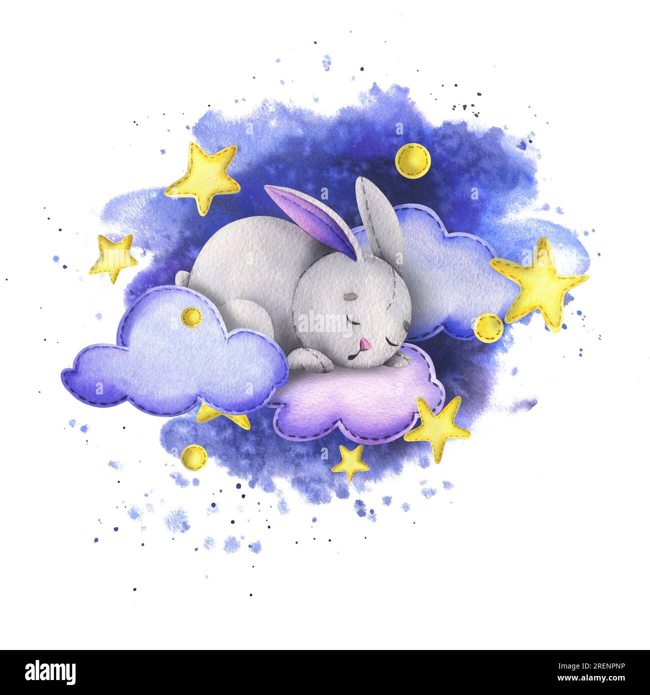 A cute gray bunny sleeps on the clouds among the stars against the ...