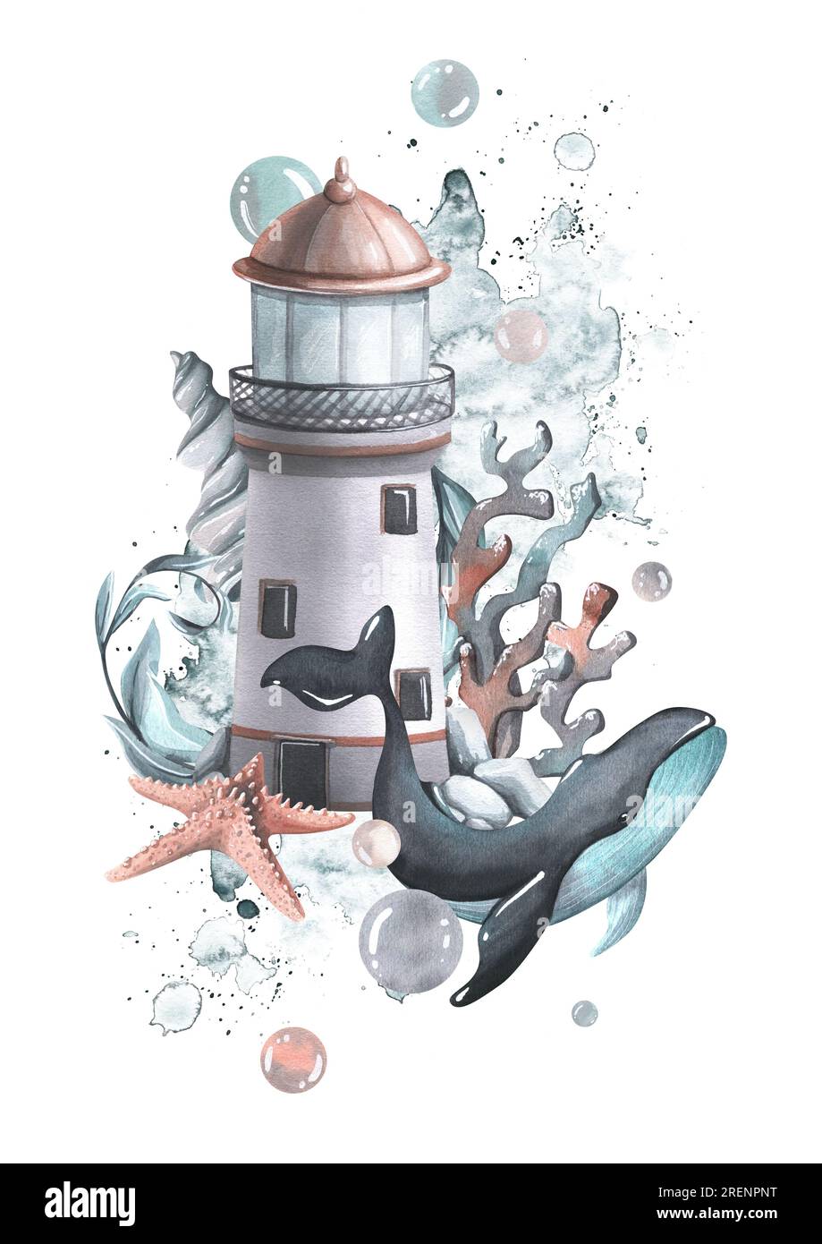 A marine lighthouse with whale, algae, coral, starfish, bubbles and ...