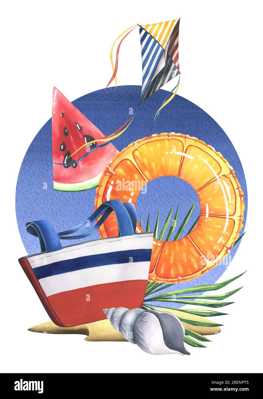 Striped beach bag with inflatable ring orange, seashell, palm branch ...