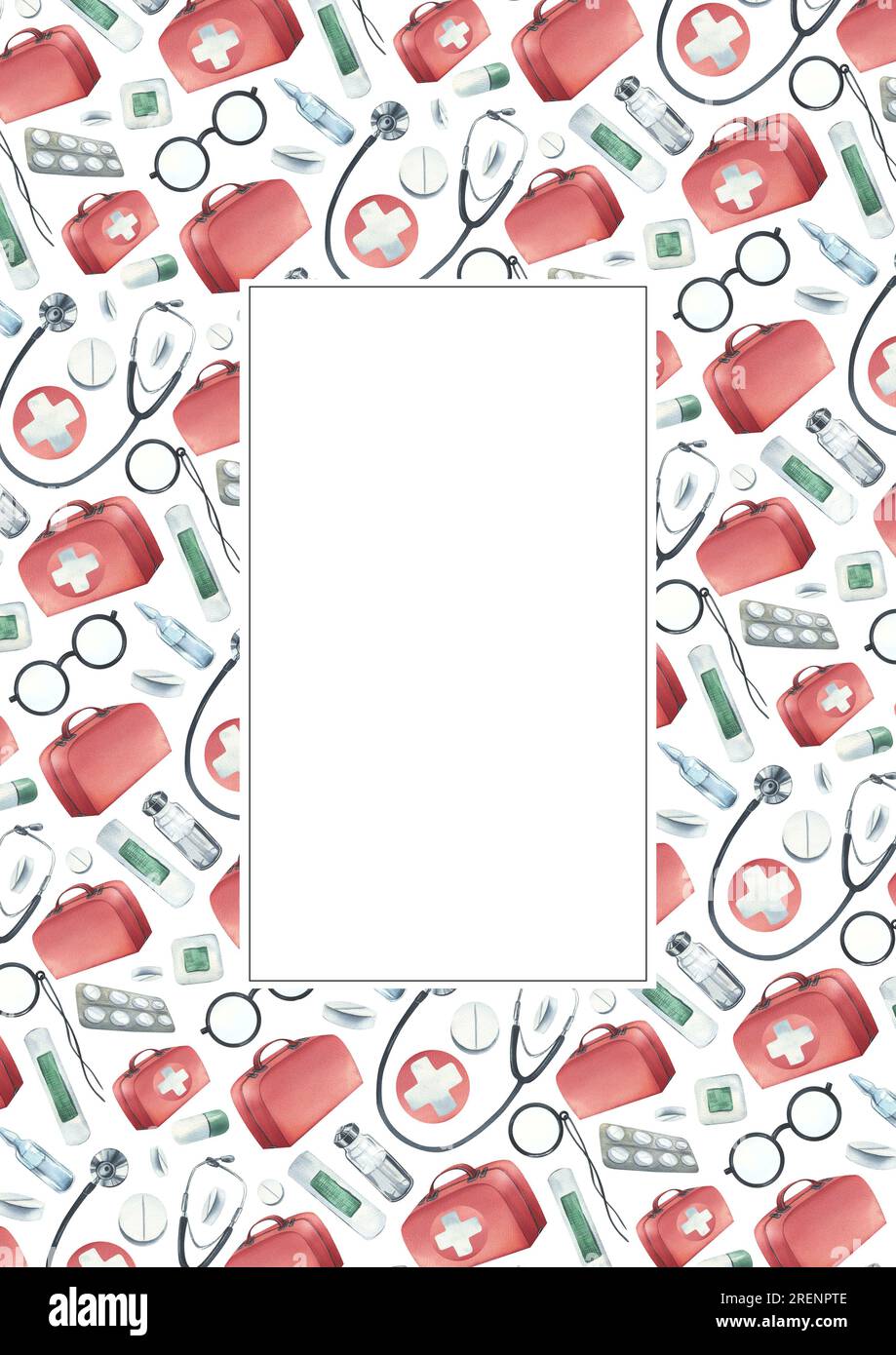 A kit of medical equipment with a red first aid bag. Watercolor ...