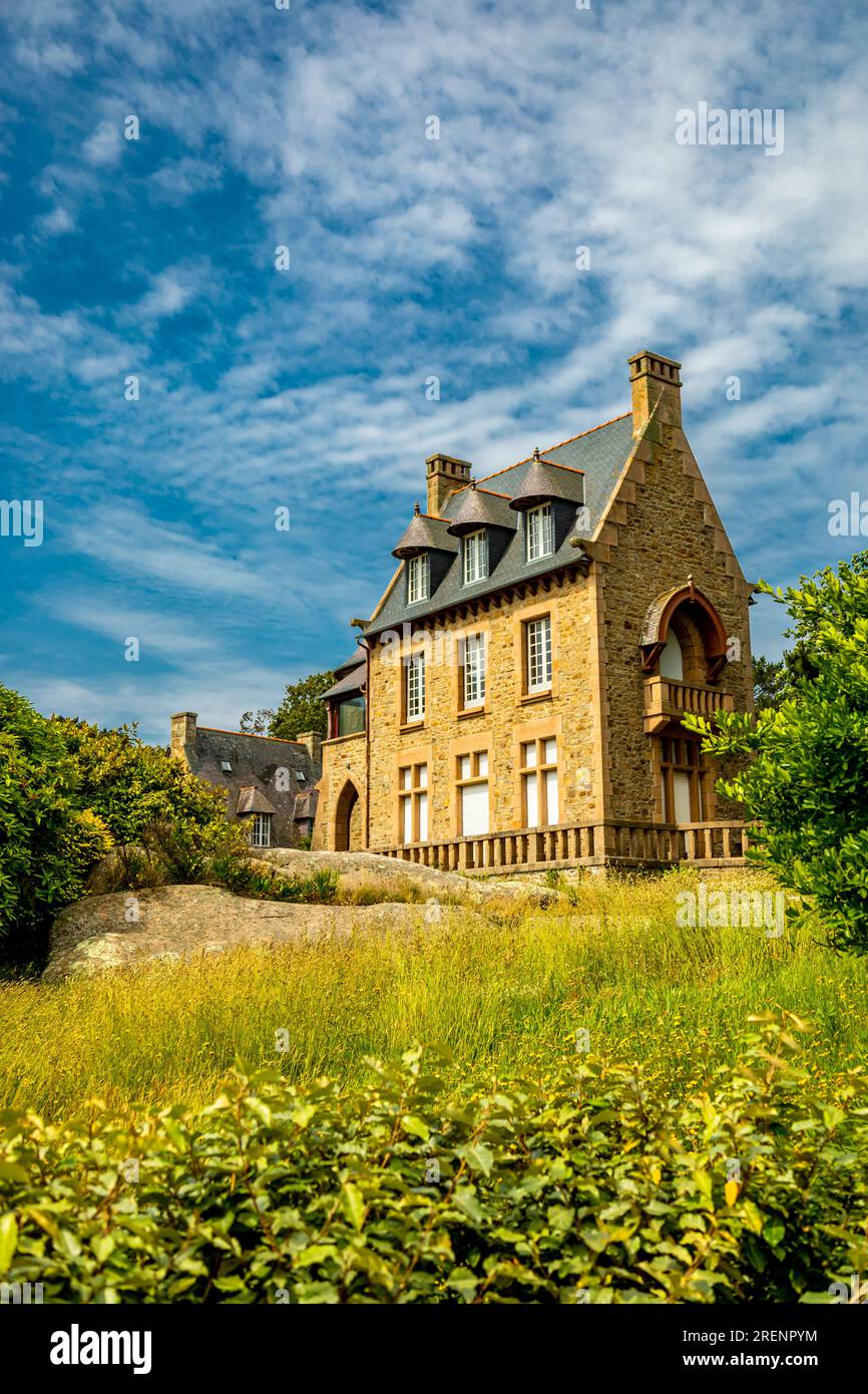 On the road along the pink granite coast of beautiful Brittany near ...