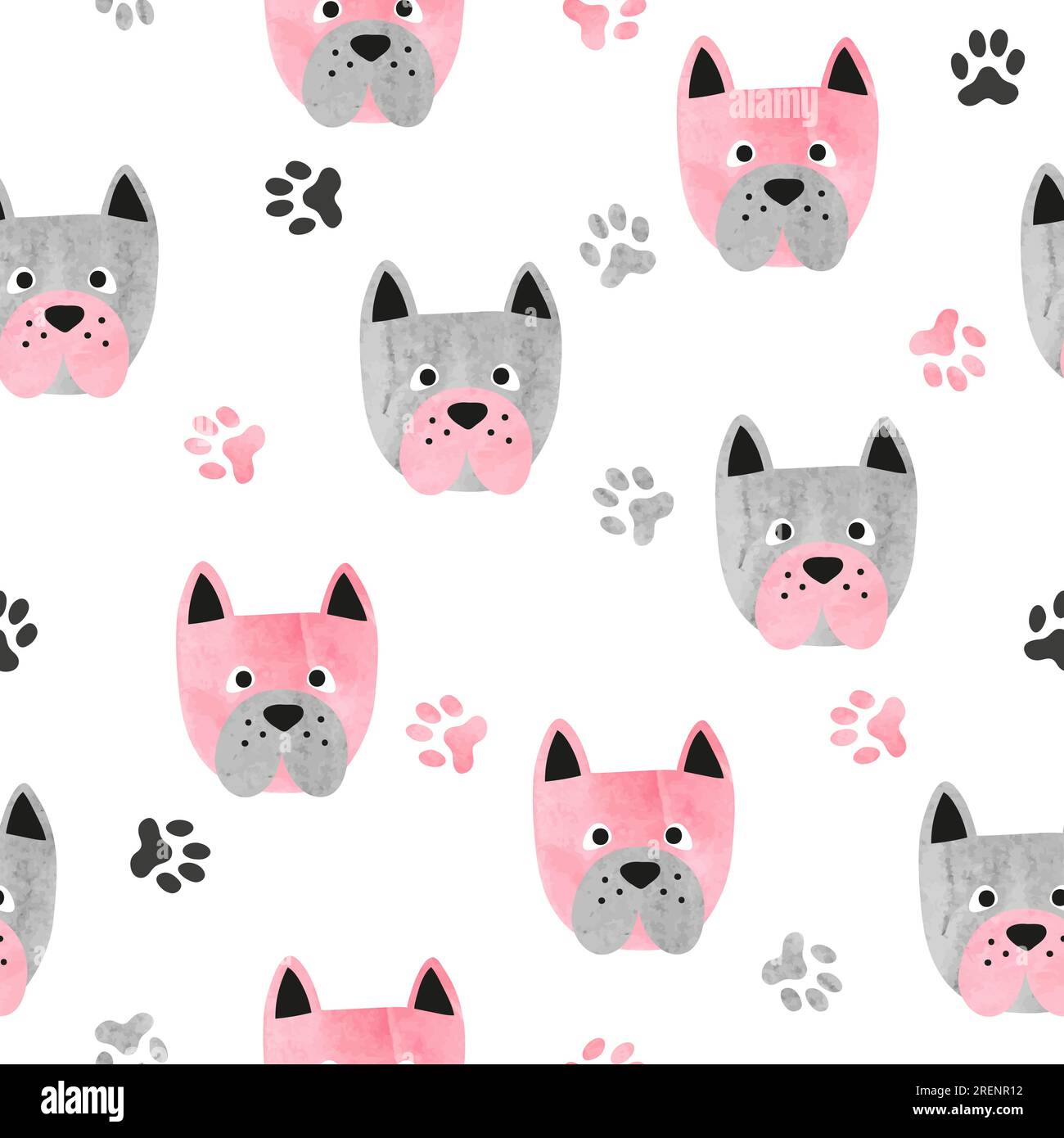 Seamless cute dog pattern. Vector background with watercolor bulldogs ...