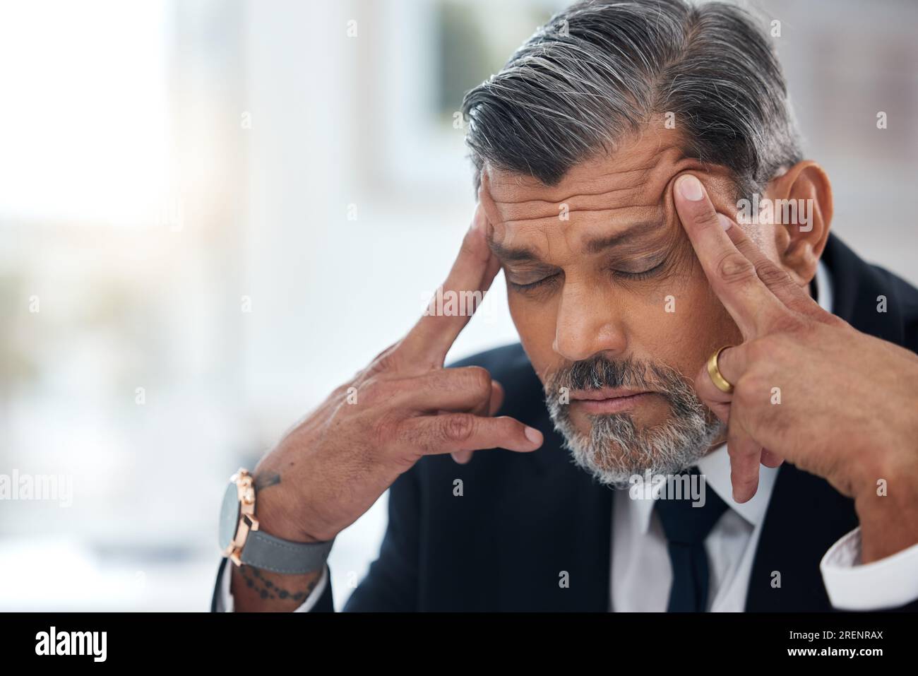 Face, business and man with headache, stress of debt and burnout risk ...