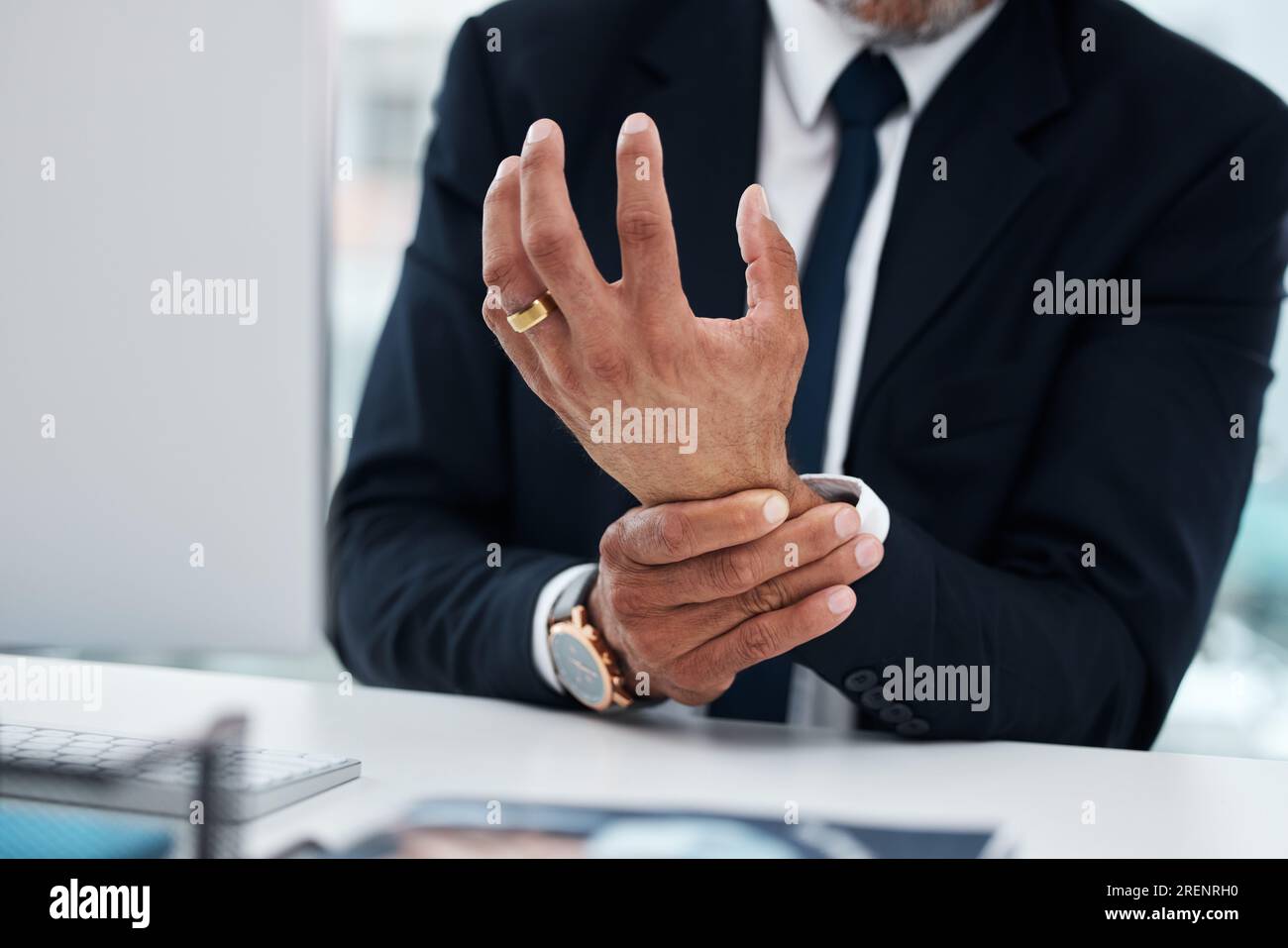 Business man, hands and wrist pain in office from osteoporosis ...