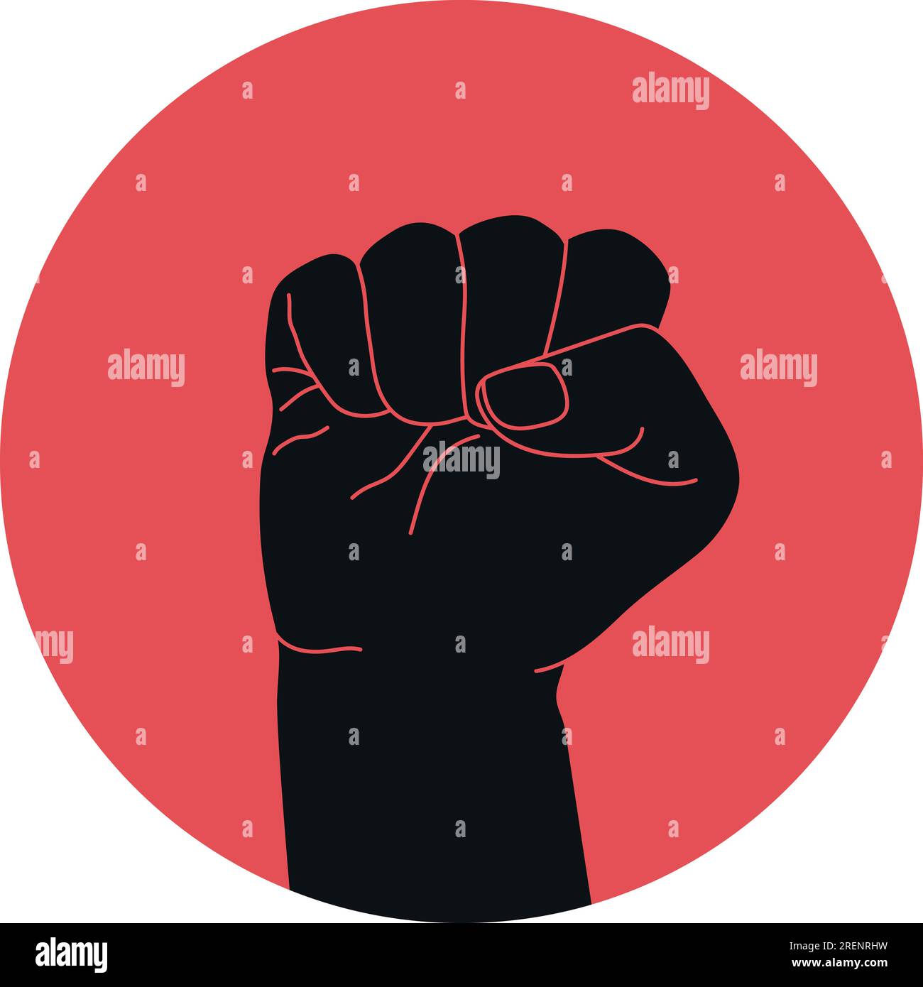 Raised hand with a fist in a red circle isolated on a white background ...