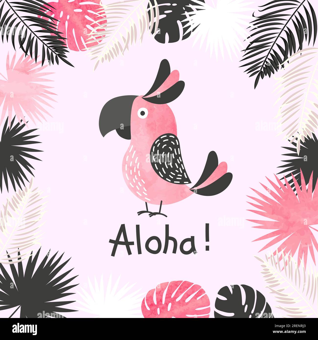 Summer tropical vector illustration with watercolor cute parrot and ...