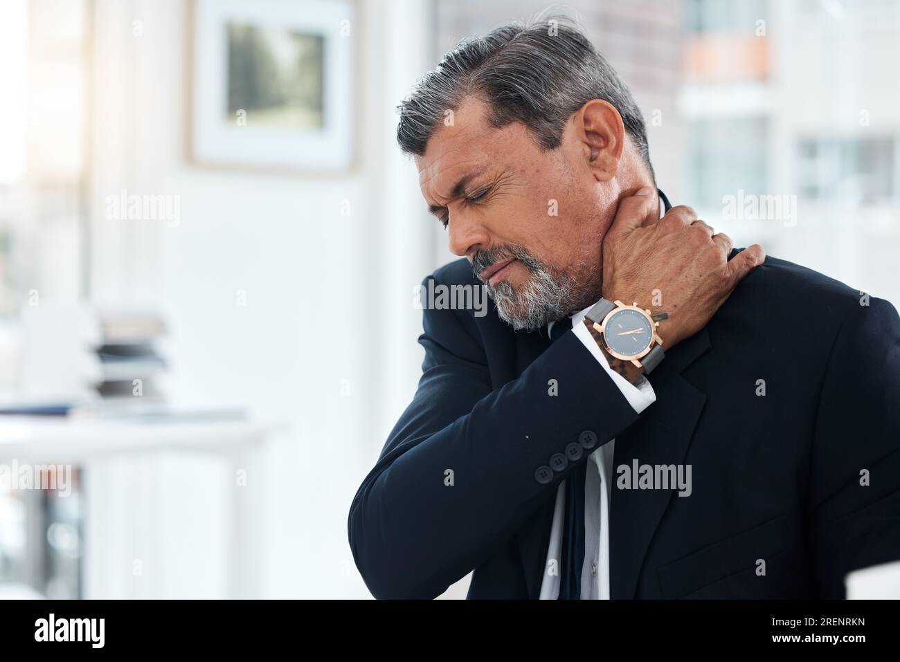 Business, stress and mature man with neck pain, tired and burnout of ...