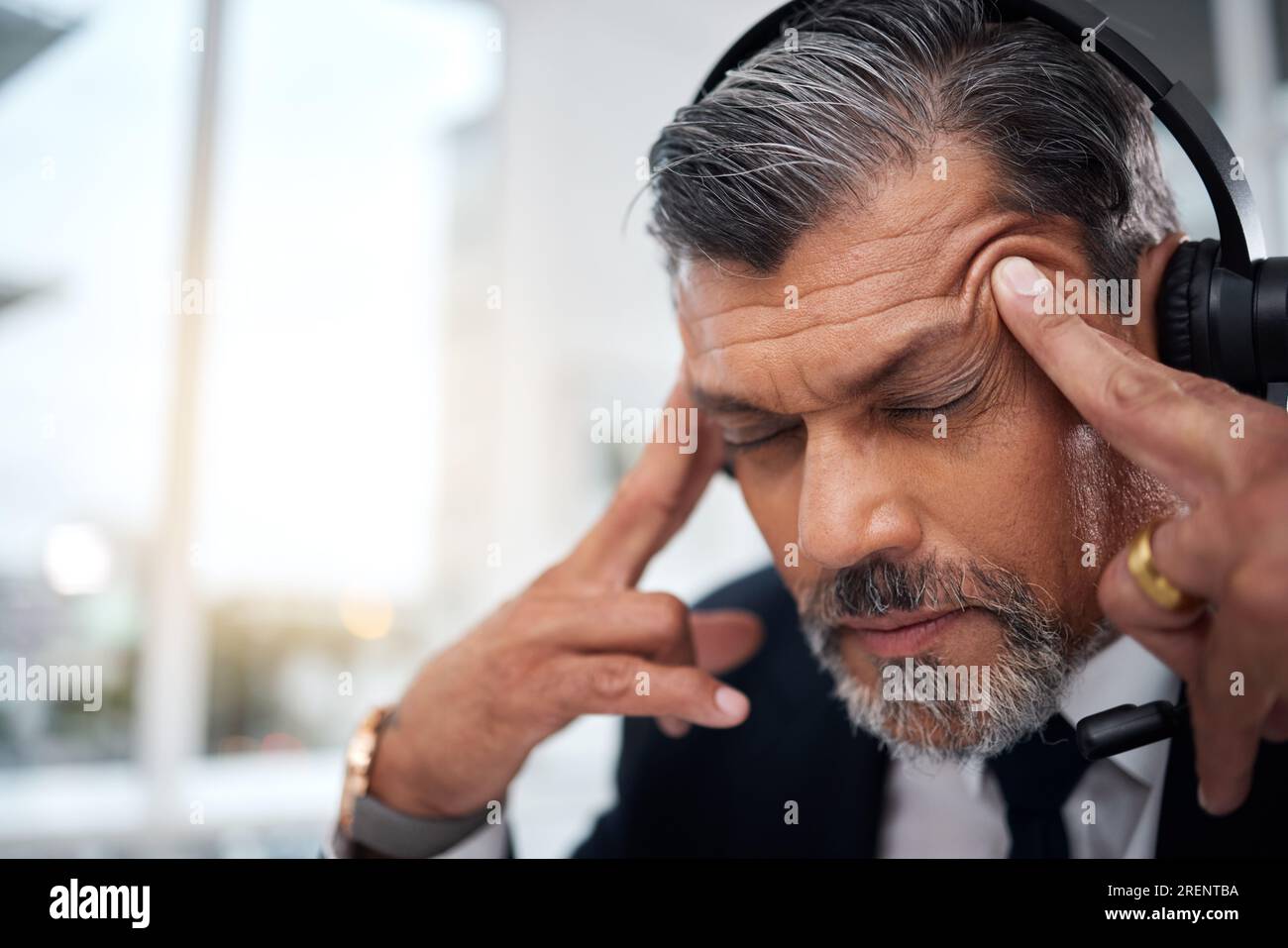 Stress, call center and face of man in customer service agency with ... Stress, call center and face of man in customer service agency with ...