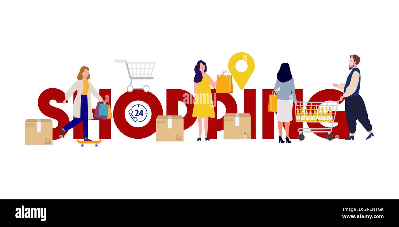 text shopping commerce market purchase goods boy with girl customer buy ...