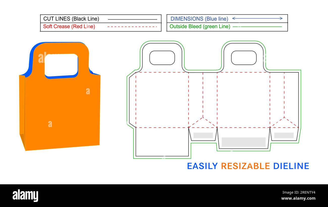 Paper shopping bag with handle cut, resizeable die line template and 3D ...