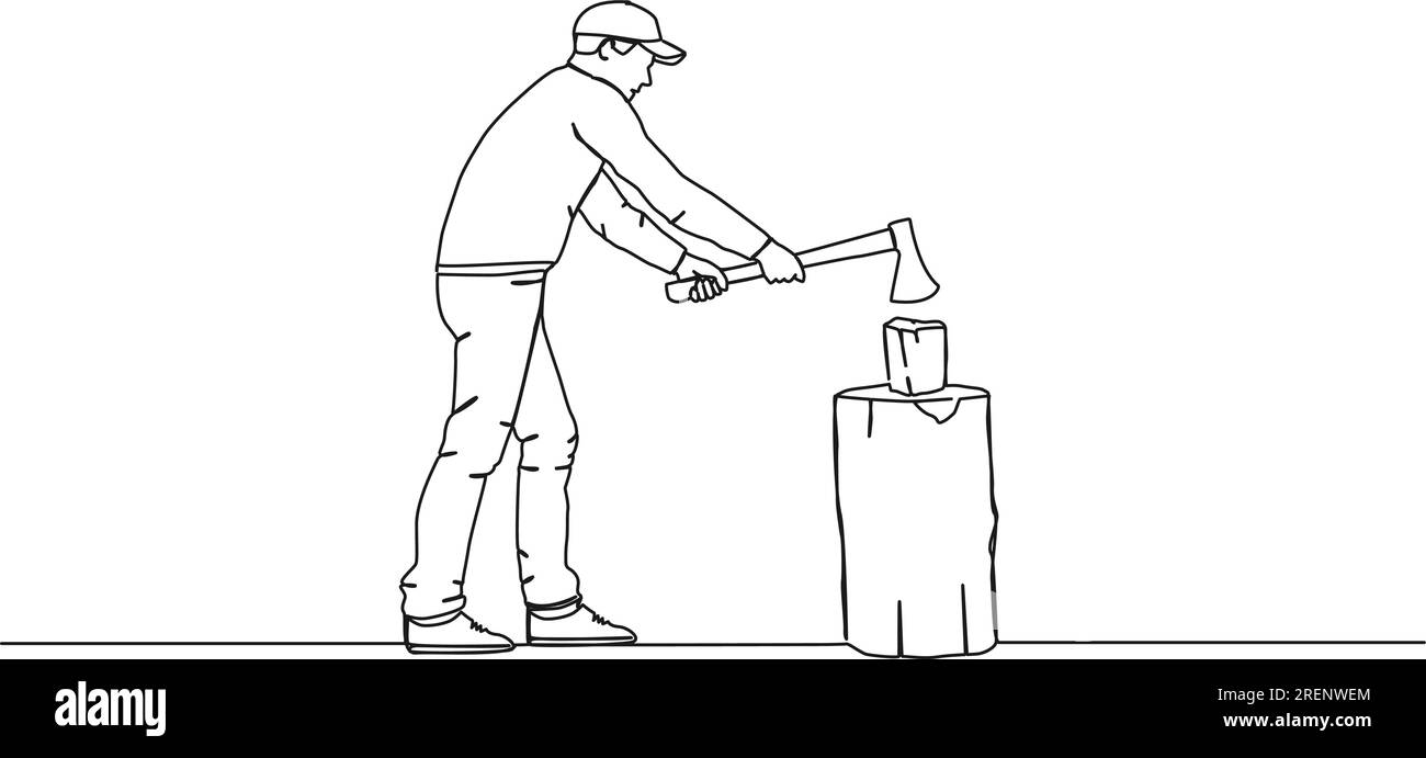 continuous single line drawing of man chopping wood with axe, line art ... continuous single line drawing of man chopping wood with axe, line art ...