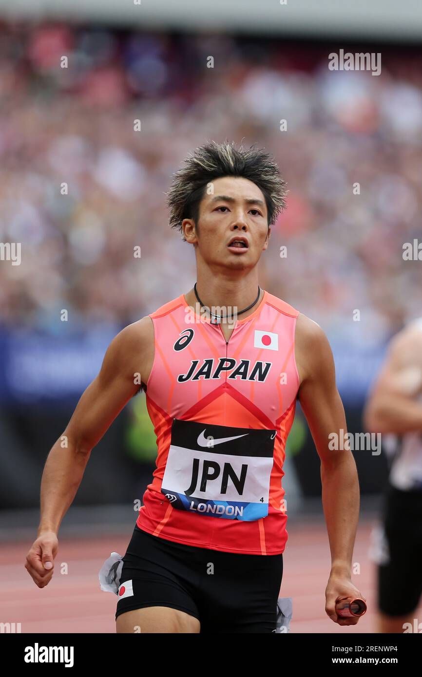 Koki UEYAMA (Japan) crossing the finish line in the Men's 4 x 100m ...