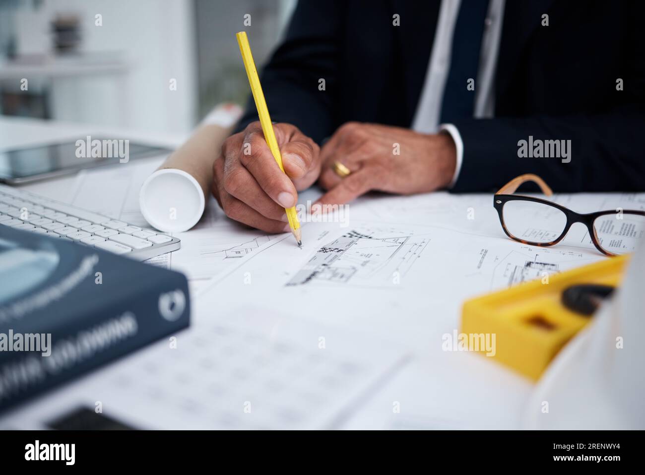 Hands, architecture and pencil for drawing blueprint, project ...