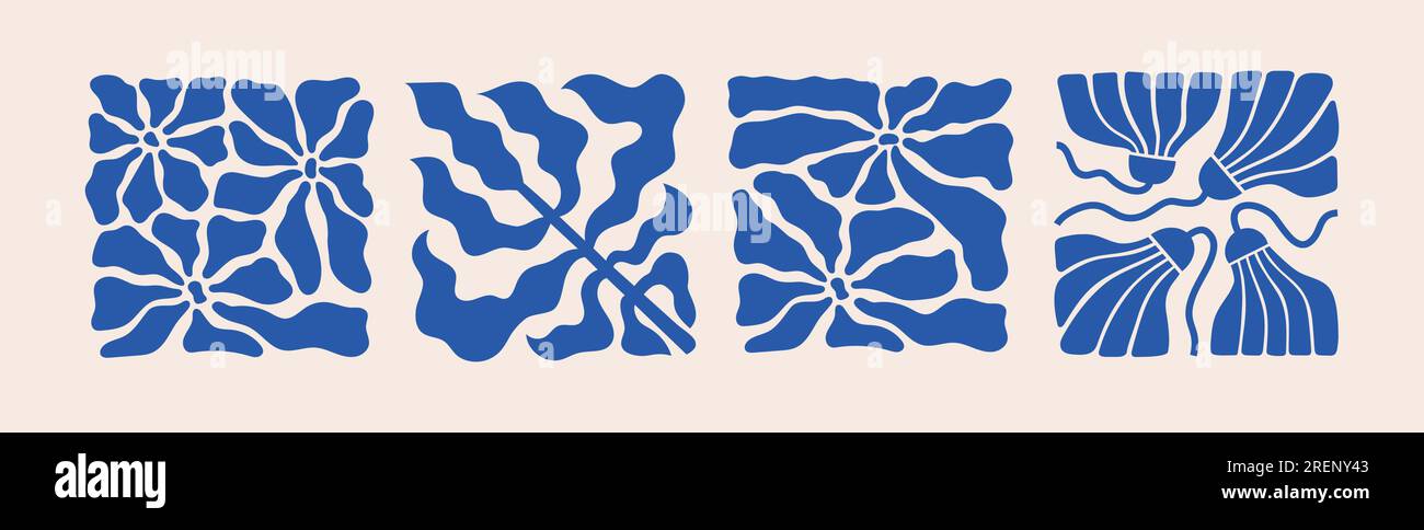 Abstract flowers, leaves minimal posters set. Organic doodle shapes in ...