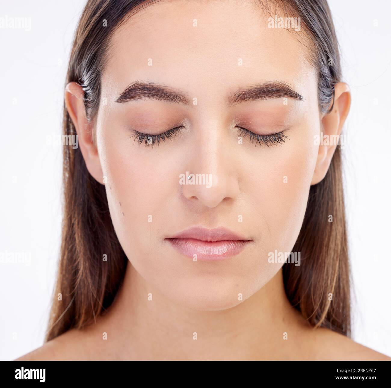 Beauty, relax face and woman eyes closed for mindfulness, peace and ...