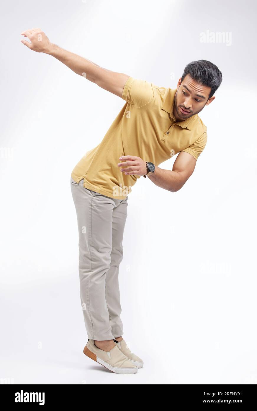 Dancer, man and routine with training, creative and movement on a white ...