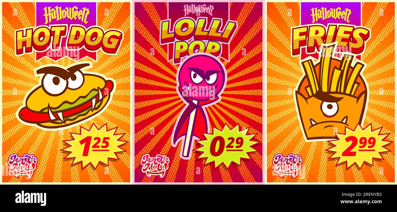 Set of monster menu with lollipop, hot dog and french fries for fast ...