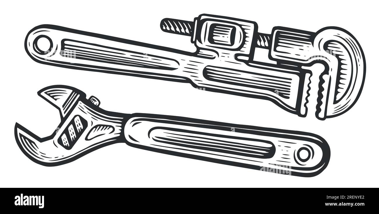 Adjustable wrench and plumbing tool. Construction work concept. Sketch ...