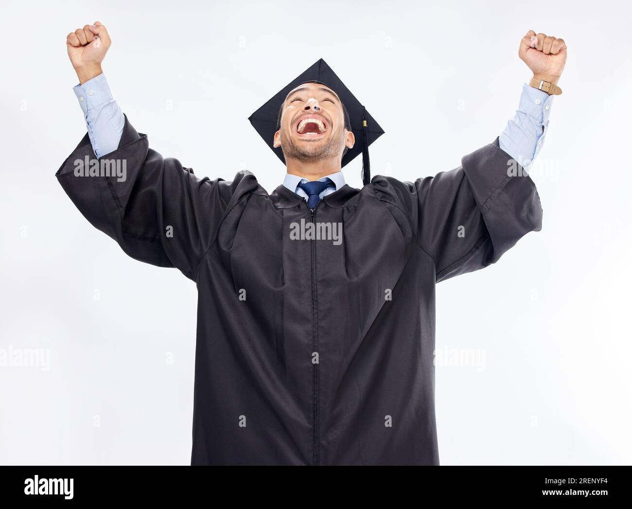 Graduation, success and man in celebration of an achievement of diploma ...