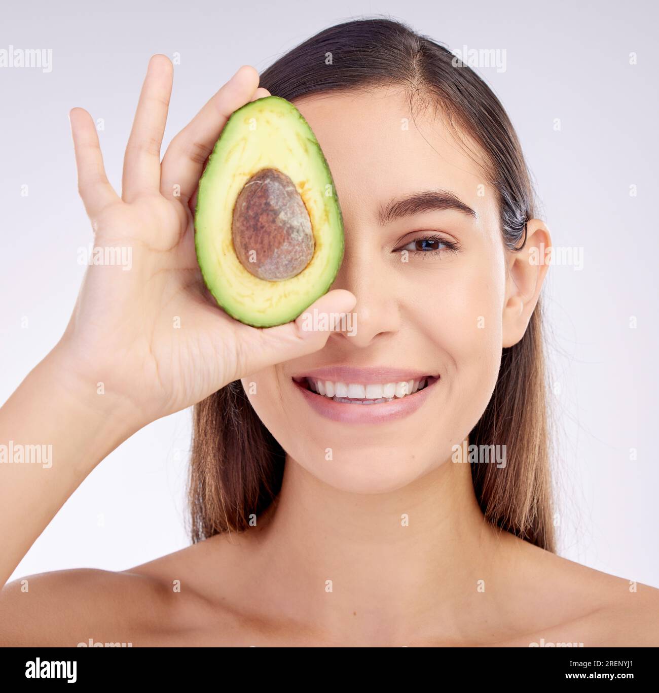 Face, skincare and woman smile with avocado for beauty cosmetics ...