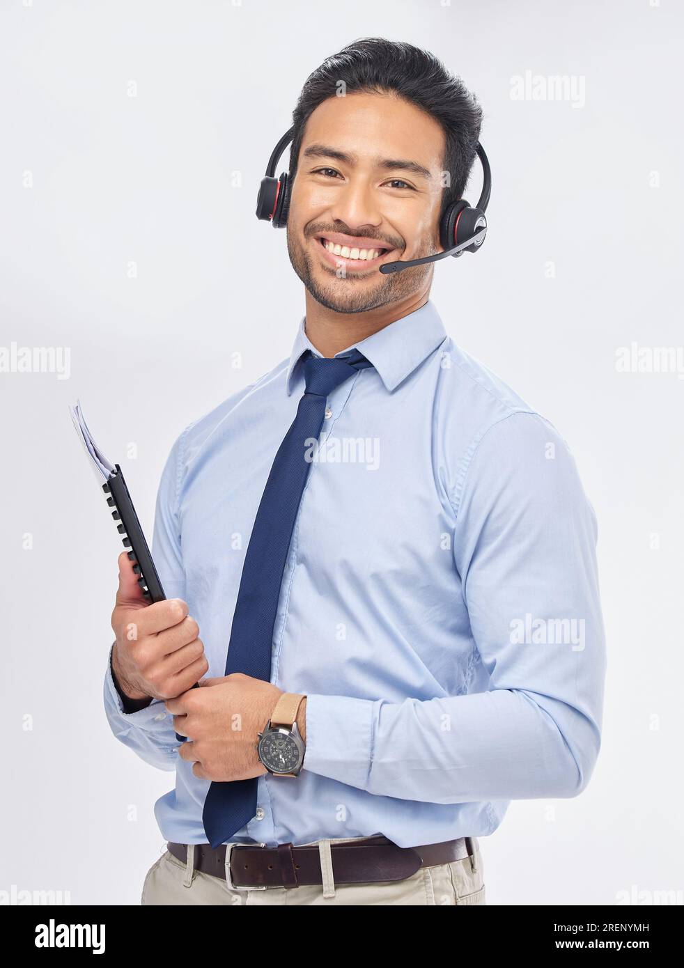 Call center, portrait and Asian man with documents for telemarketing ...